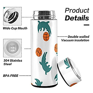 CaTaKu Funny Basketball Crocodile Water Bottle Insulated 16 oz Stainless Steel Flask Thermos Bottle for Coffee Water Drink Reusable Wide Mouth Vacuum Travel Mug Cup