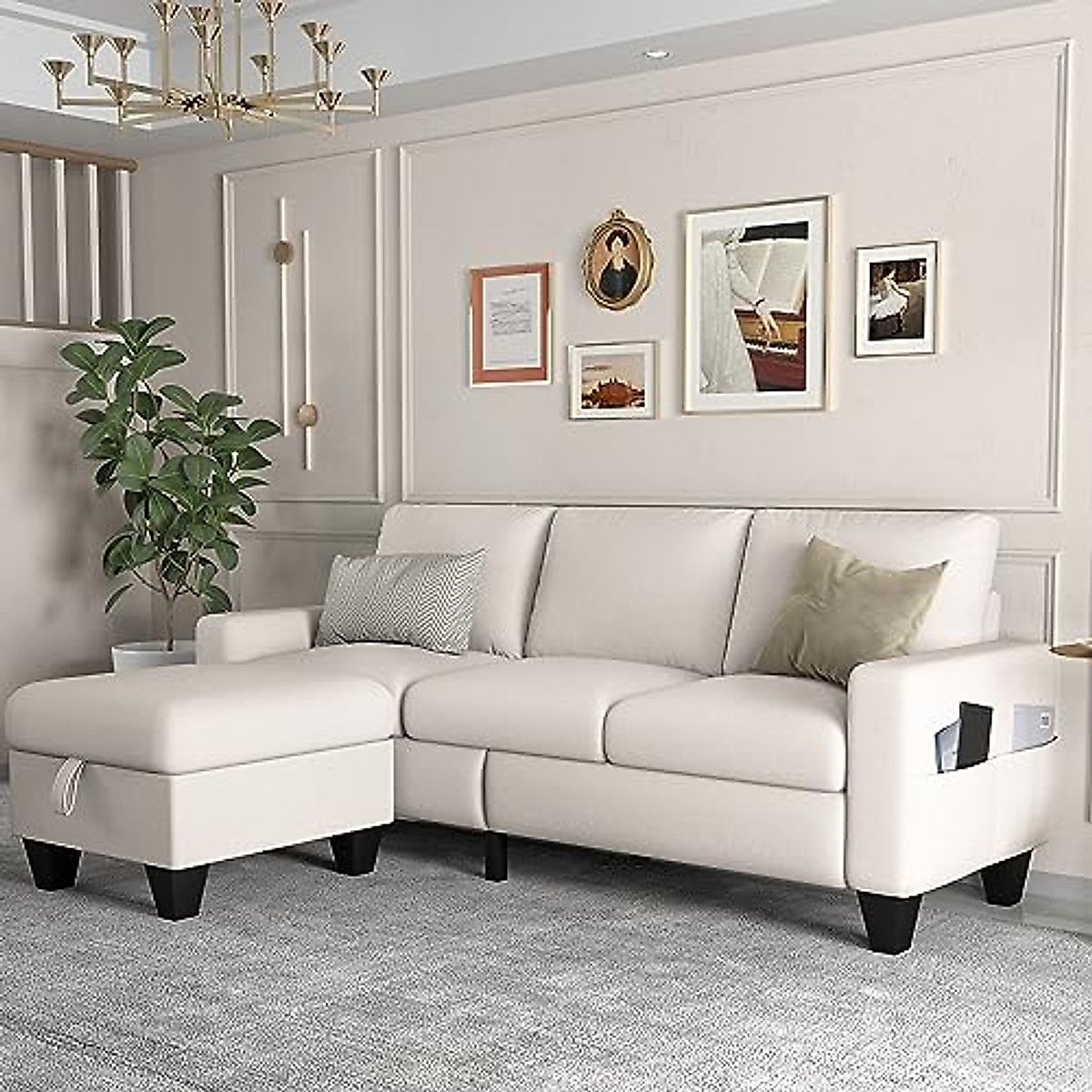 ZeeFu Convertible Sectional Sofa Couch,Beige Linen Fabric Modern 3-Seat L-Shaped Upholstered Sofa Couch Furniture with Storage Reversible Ottoman and Pockets for Living Room Small Space Apartment