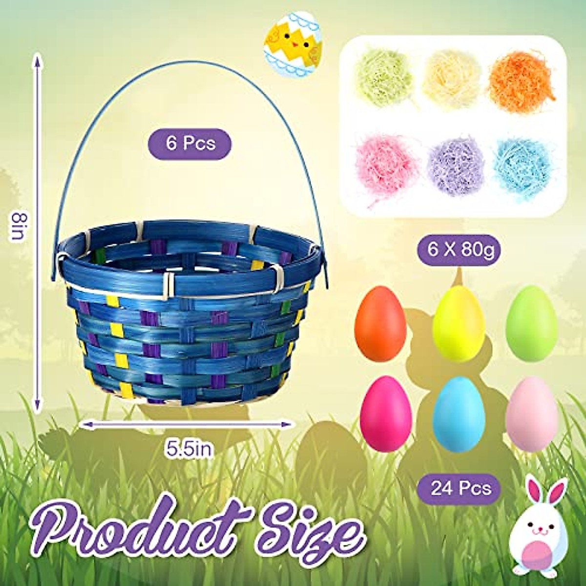6 Pcs Easter Bamboo Basket with 24 Pcs Plastic Eggs and 480g Raffia Paper Grass, Handmade Woven Easter Basket with Handle for Egg Hunting, Picnic and Party Favors