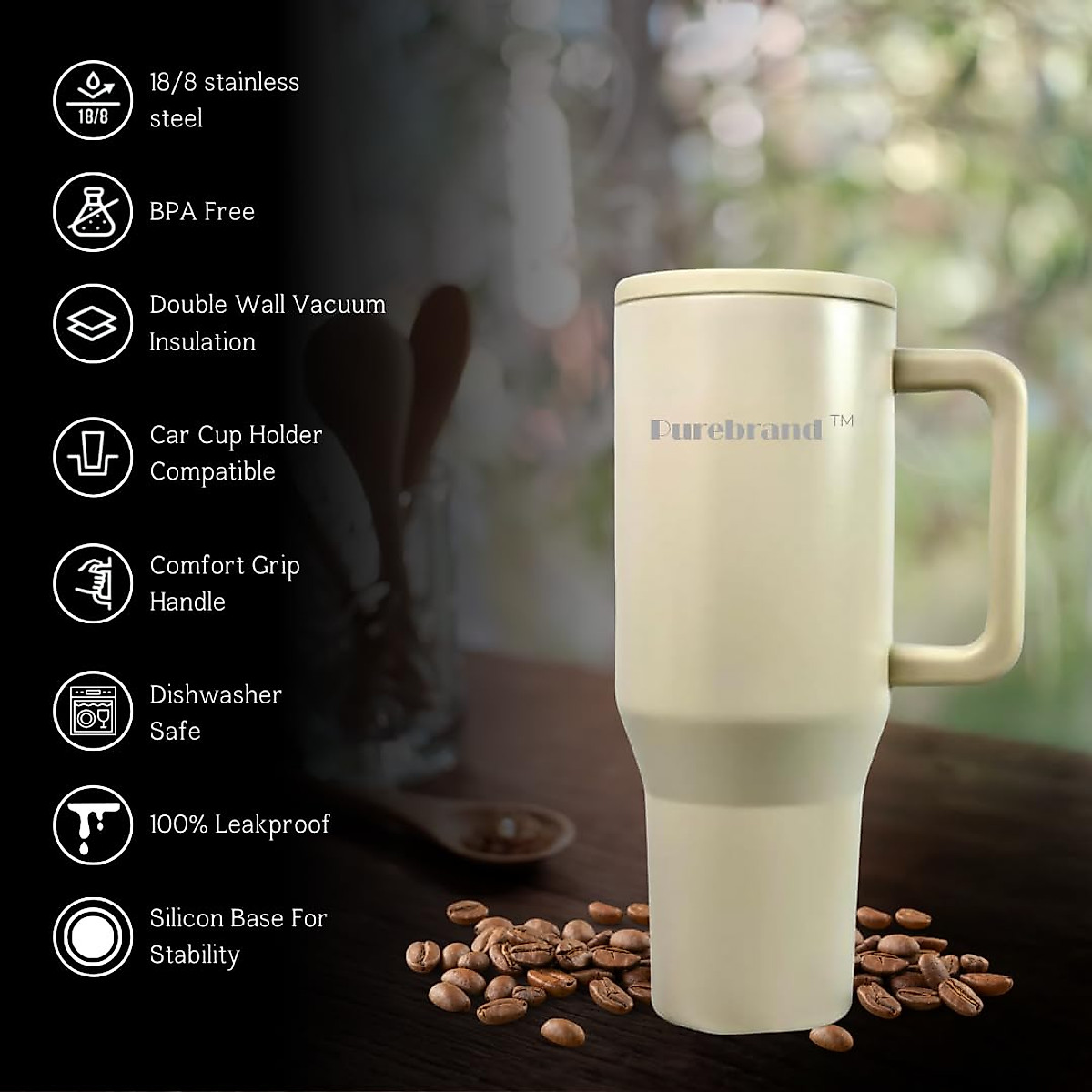 40 oz Tumbler. 100% Leak-Proof Splash-Proof Spill-Proof Lid with Handle and Flip Straw. Double Wall Vacuum Insulated Stainless Steel for Hydration at Home Office Car Gym and Playgrounds (Cream)