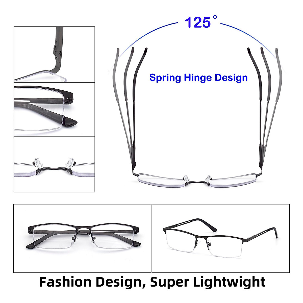 HIGHLIKE 4-Pack Blue Light Reading Glasses for Men, Metal Half Frame Readers Spring Hinge Clear Lens Eyeglasses with Pouches, Semi Rimless 2 Black 2 Gunmetal 2.0 x