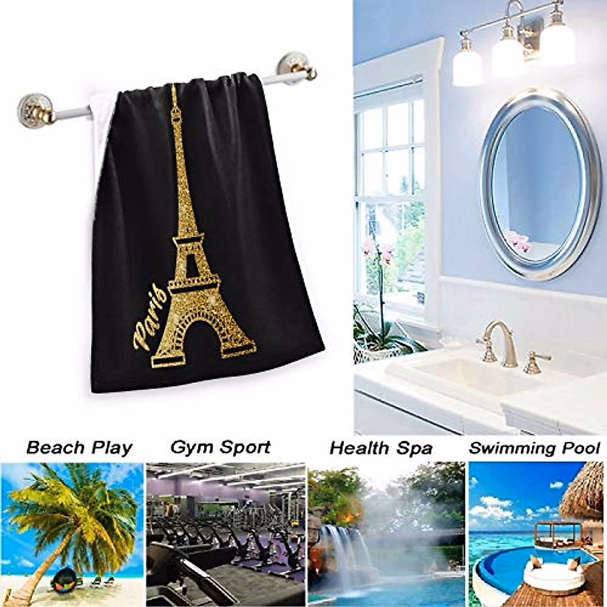 Naanle Beautiful Shiny Eiffel Tower with Gold Glitter Luxury 2-Pack Soft Highly Absorbent Fluffy Guest Decor Hand Towels, Multipurpose for Bathroom, Hotel, Gym and Spa (14" x 28",Black)