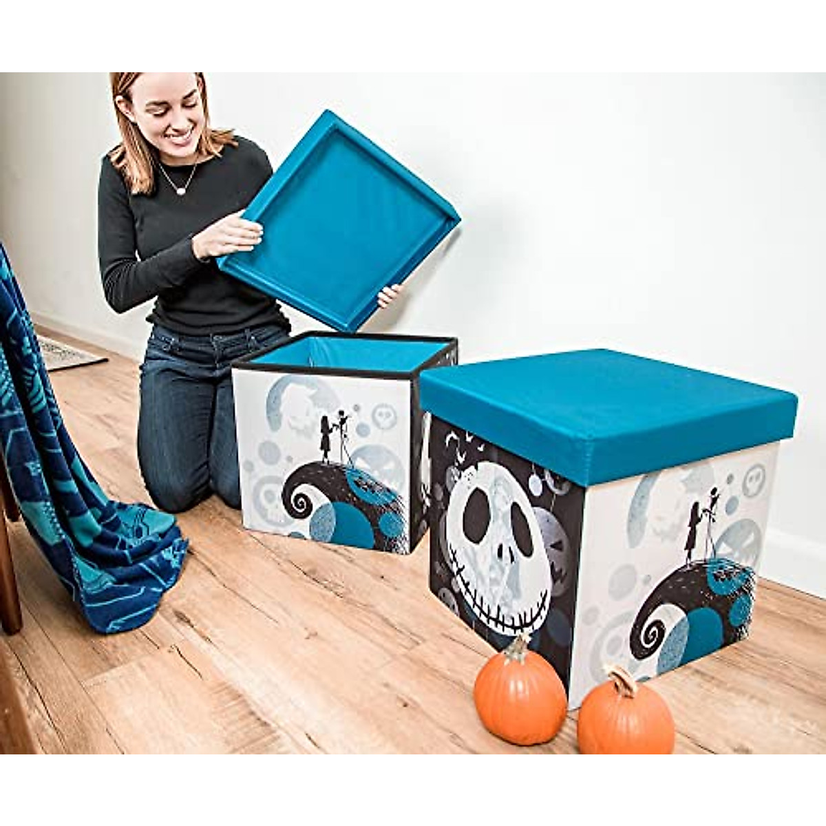 Disney The Nightmare Before Christmas Jack & Sally 15-Inch Storage Bin Cube Organizers, Set of 2 | Fabric Basket Container, Cubby Closet Organizer, Home Decor for Playroom | Gifts and Collectibles