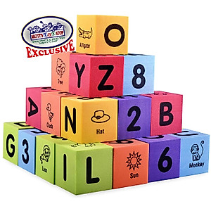 Deluxe 2" EVA Foam Colorful Building Blocks (30 PCS) Featuring Abc's, Numbers & Pictures with Bonus Matty's Toy Stop Storage Bag