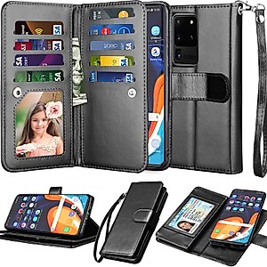NJJEX Galaxy S20 Case, for Samsung Galaxy S20 Wallet Case 6.2", [9 Card Slots] PU Leather ID Credit Holder Folio Flip [Detachable] Kickstand Magnetic Phone Cover & Lanyard for Samsung S20 [Black]