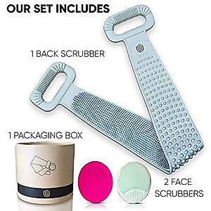 Extra Long Silicone Back Scrubber With Facial Cleansing Brush | Back Scrubber For Shower | Silicone Body Scrubber | Face Exfoliator, Back Scratcher, Bath Accessories | Cleanse and Soften Your Skin