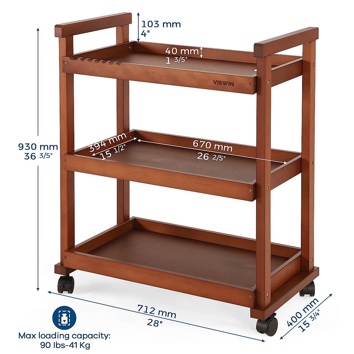 VISWIN 37" H Art Cart Storage Organizer 3-Tier, Solid Beech Wood Rolling Utility Cart with Caster Wheels, Multifunctional Art Supplies Craft Cart Organizer, Trolley for Studio, Classroom, Kitchen