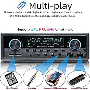 FYPLAY Dual USB Car Stereo Radio Receiver - Single Din, Bluetooth Hands Free Calling, Support USB/SD/AUX/MP3, with Clock Display LCD, Dual Knob Car Multimedia Audio Player, USB Fast Charging