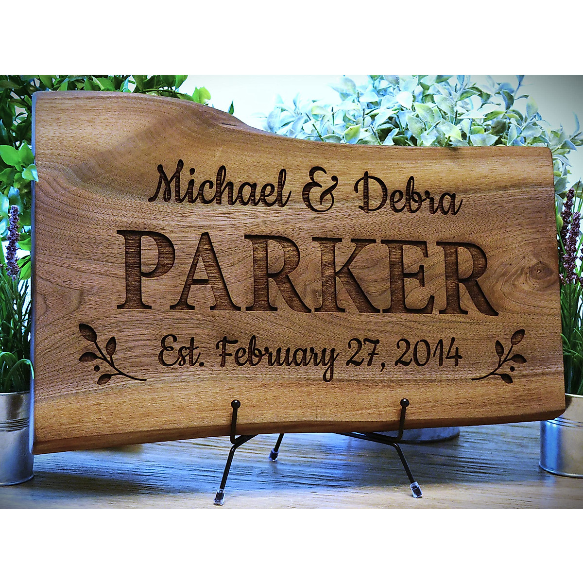 Personalized Cutting Board Wedding Gift Elegant Walnut Polished Live Edge Wood Display Custom Engraved Rustic Unique Anniversary Bride Groom Newlywed Couple Parents Housewarming (Wedding Branches)