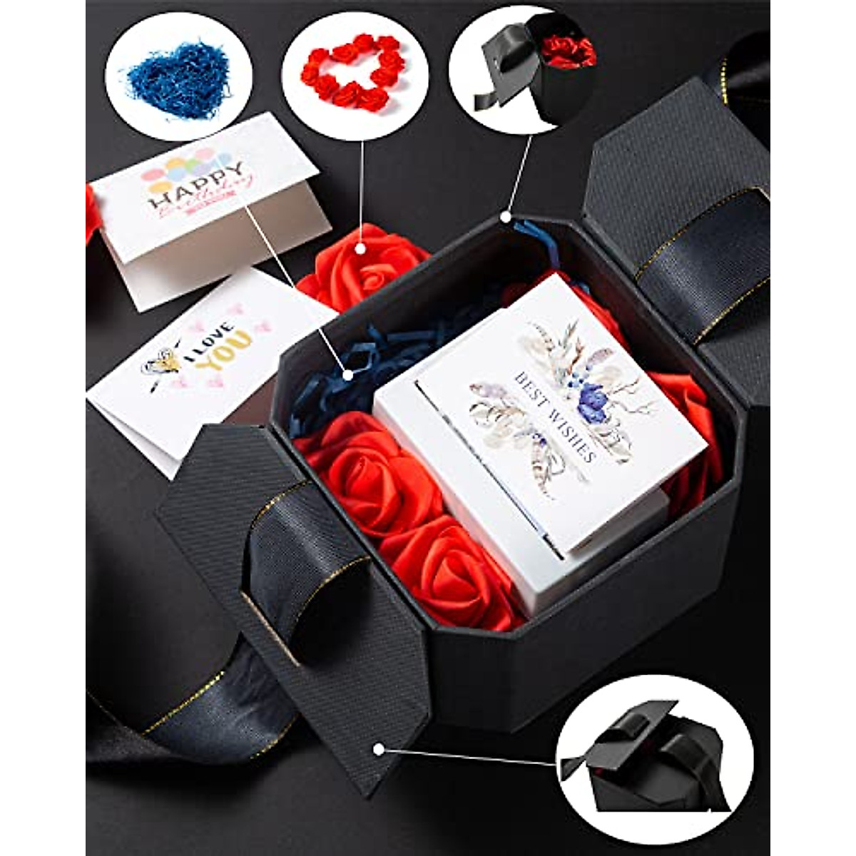 JSUPMKJ Money Pull Box for Cash Gift, Money Roll Gift Box with Flower, Ribbon Gift Box, Money Gift Box Pull for Birthday/Christmas/Valentine's Day (Black)