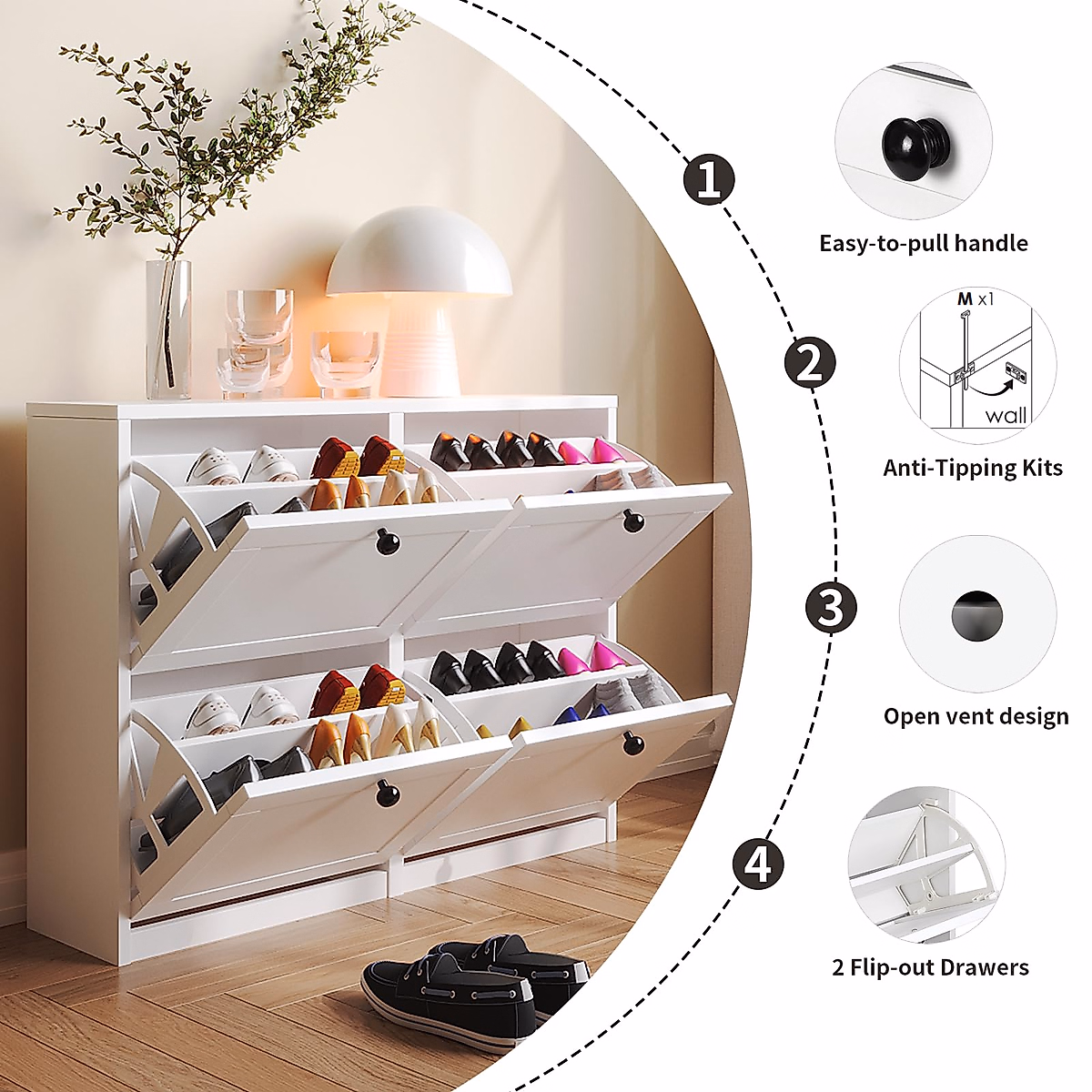 VOWNER Shoe Cabinet with 4 Flip Drawers, Freestanding Shoe Storage Cabinet with Adjustable Shelf & Anti-Tipping Device, Shoe Rack for Entryway, Hallway, Living Room (White)