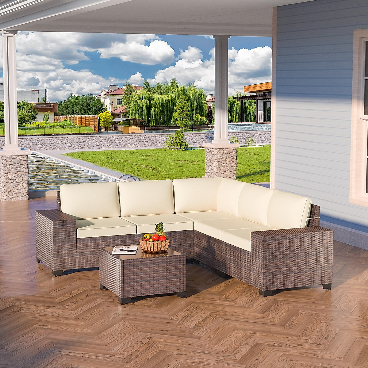 Halmuz 6 Piece Patio Furniture Sets Outdoor Conversation Sofa Set, All-Weather High Back PE Rattan Wicker Sectional Furniture Patio Sofa w/Tempered Glass Top Table&Thickened Cushions(Cream)