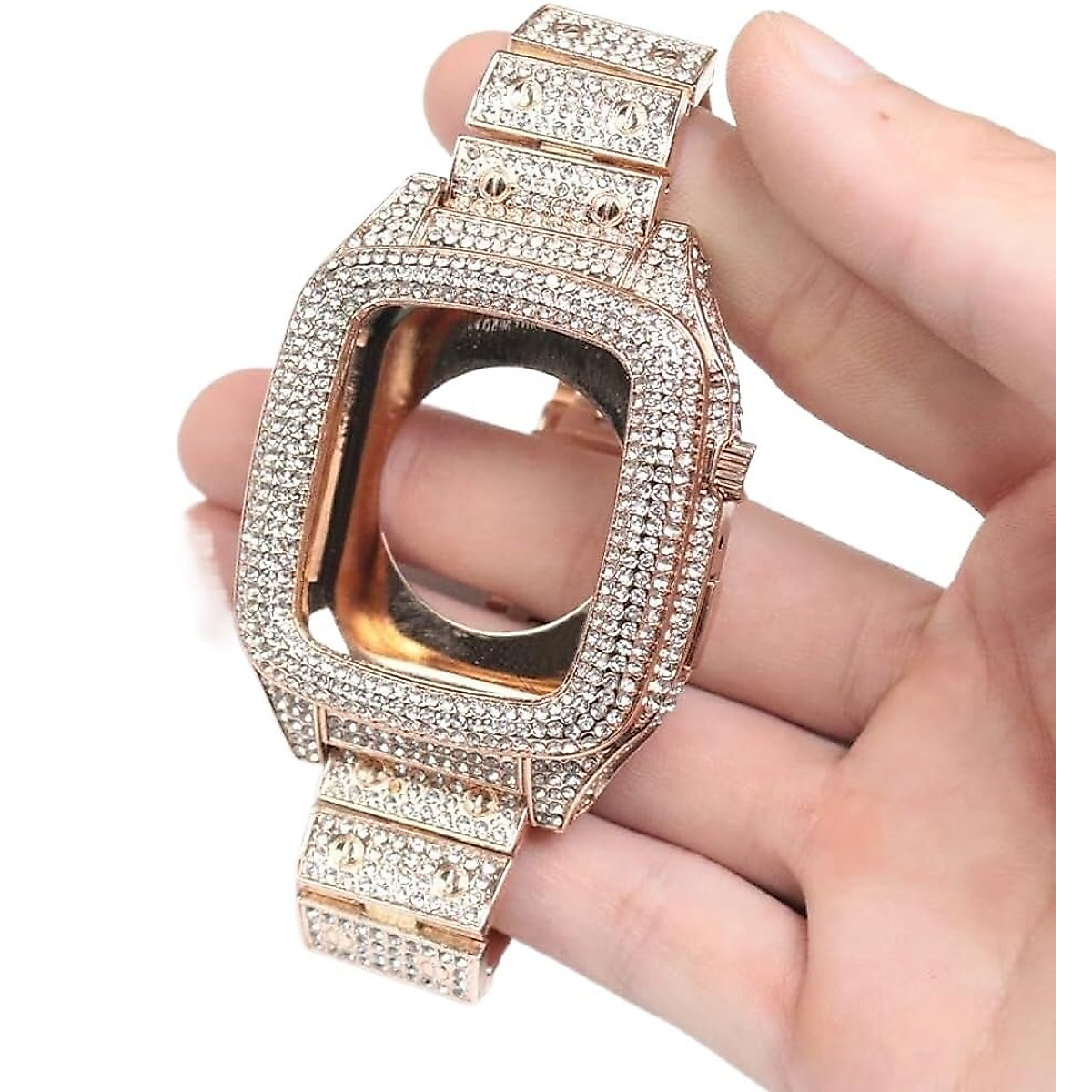 VEVEL Diamond Watch Band+Watch Case Refit Mod Kit，For Iwatch 6 5 4 SE 44mm ，Luxury Lady Diamond Modification Kit，For Apple Watch series 8 7 45mm DIY Watch Band (Color : Rose gold, Size : 45MM)