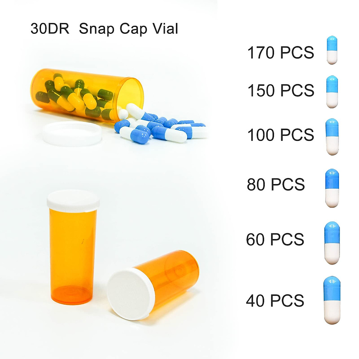 Pill Bottles with Snap Caps, Not Child Resistant Cap, Prescription Vials - Easy Open - Empty Medicine Plastic Containers for Personal Medication & Pharmacy ( 30 dram, 12pcs )