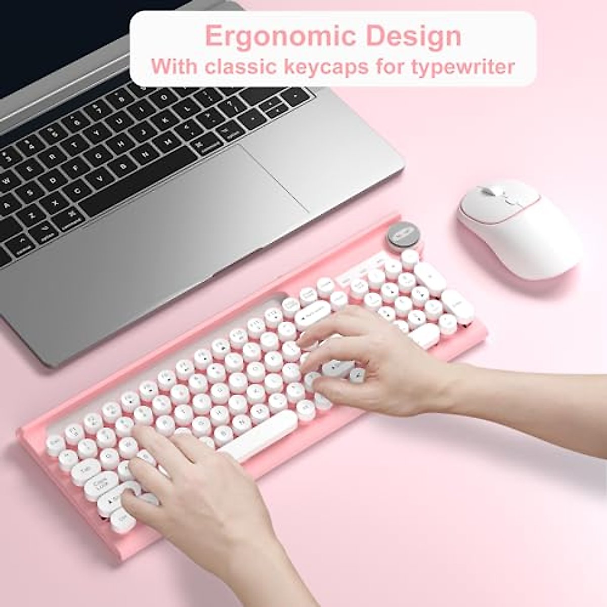 Typewriter Style Wireless Keyboard and Mouse Combo, Cute Pink Wireless Keyboard Mute Keyboard 2.4G with Retro Round Keycap Ergonomic Design and Waterproof Keyboard Mouse Combo, White & Pink