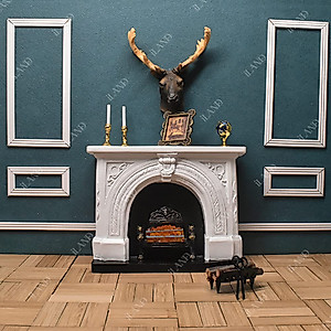 iLAND Dollhouse Furniture and Accessories of Dollhouse Fireplace on 1/12 Scale w/Fire Light & Fireplace Tong & Firewood Rack (Neoclassical 3pcs)