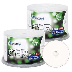 Smartbuy 100-disc 25gb 6X Bd-r BDR Blu-ray Single Layer White Inkjet Hub Printable Blank Data Recordable Media Disc with Cakebox/Spindle Packing