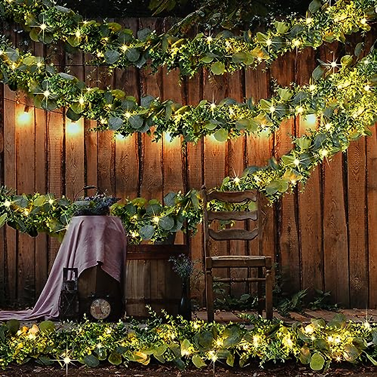 XunYee 5.9 ft Artificial Eucalyptus Garland with 20 LED Fairy String Lights Fake Eucalyptus Leaves Greenery Vines Plant for Table Wedding Bridal Shower Birthday Party Garden Indoor Outdoor (4 Pack)
