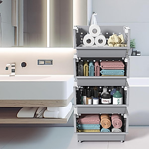 Wakikini Large Plastic Stackable Storage Baskets, Plastic Open Front Stacking Bins, Gray, 4 Packs