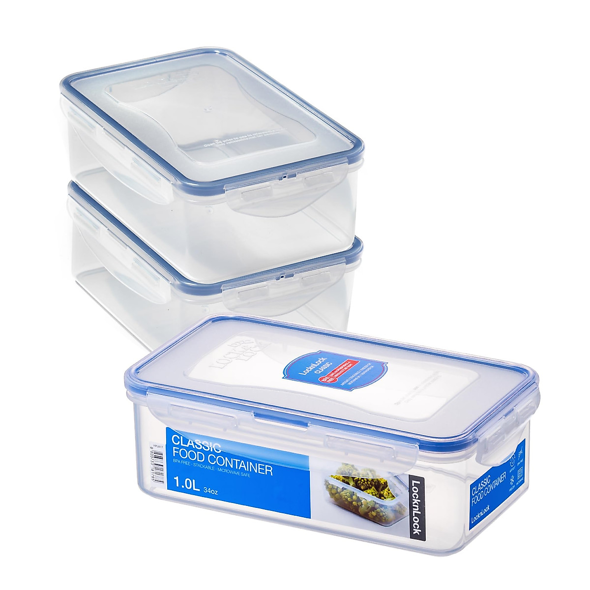 LocknLock Rectangular Food Containers with Lids Set of 3 - Plastic Airtight & Watertight Food Storage Containers, BPA Free & Dishwasher Safe, 3 x 1L, Blue