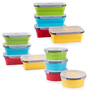 Collapsible Food Storage Containers with Lid, Bundle of 3 Sizes, 12 Pack, Kitchen Stacking Silicone Collapsible Meal Prep Container Set for Leftover, Microwave Freezer Dishwasher Safe, 4 Colors