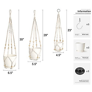 Mkono 3 Pack Macrame Plant Hangers with Pots, 35"/29"/23" Indoor Different Size Hanging Planter Basket Flower Pot Holder with Saucers & Hooks No Tassels (Plastic Flower Pots Included), Medium, Ivory