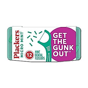 Plackers Micro Mint Dental Floss Picks with Travel Case, 12 Count (Color may vary)