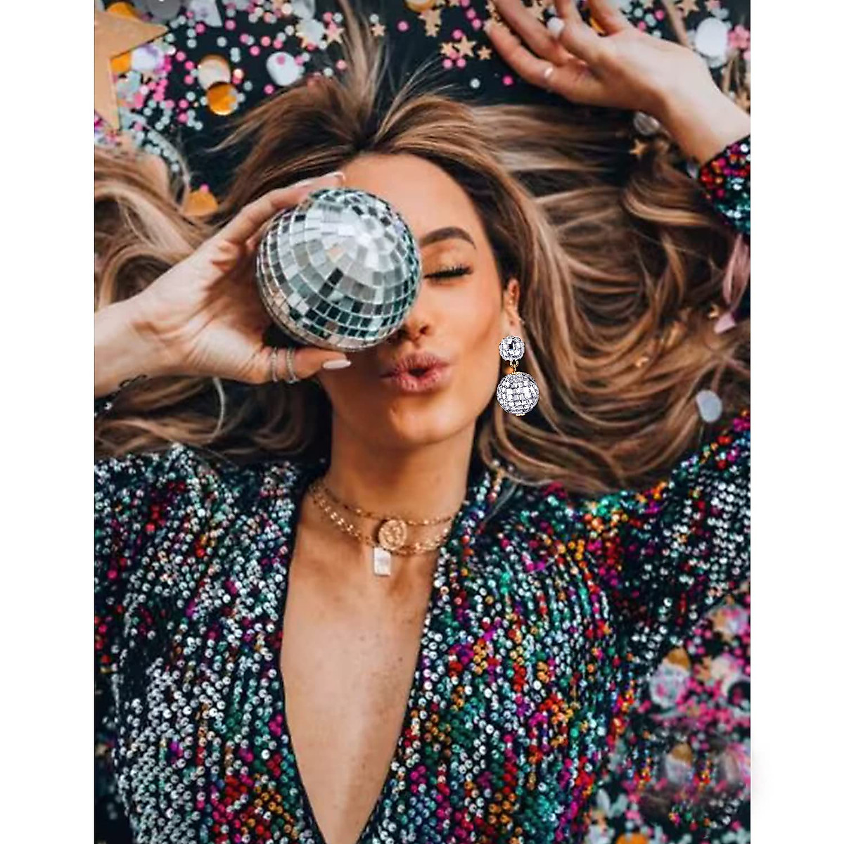 Disco Ball Earrings for Women Sparkly Mirror Ball Dangle Earrings Dance Party Country Music Concert Outfits 60s 70s Outfits Costume Accessories Halloween Jewelry Gifts (A-Silver)