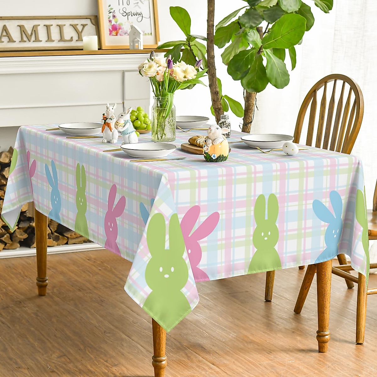 Horaldaily Easter Tablecloth 60x84 Inch, Spring Bunny Happy Easter Table Cover for Party Picnic Dinner Decor