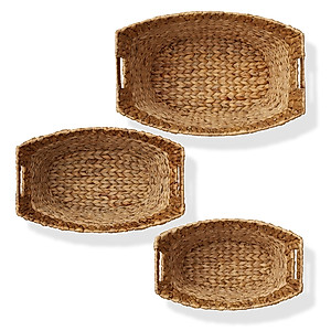 Casafield Set of 3 Stackable Oval Laundry Baskets with Handles - Natural, Woven Water Hyacinth Storage Totes for Throw Blankets, Bathroom, Bedroom, Living Room