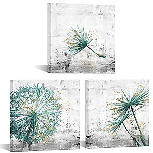 3 Piece Framed Canvas Wall Art Teal Dandelion on Rustic Grey Background Canvas Prints Home Artwork Decoration for Living Room Bedroom Farmhouse Decor 12x12x3 Panels (Small)
