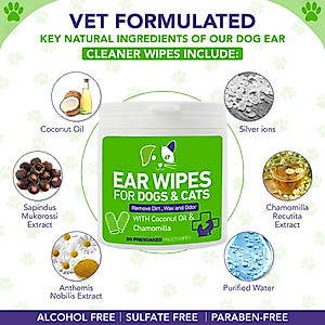 Pet Ear Wipes for Dogs and Cats - Dog Ear Cleaner Wipes, Cleaning and Deodorizing - Remove Debris & Wax, Improve Ear Itching, and Infections - 50 Count Finger Wipes