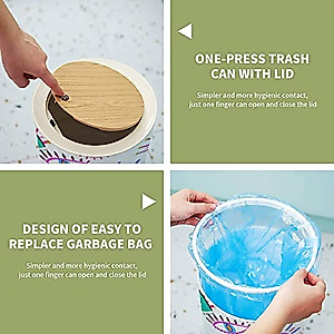 Small Trash Can with Lid Bright seamless with colorful eyes Texture for teenager girls Womens Garbage Bin Wood Waste Bin Press Cover Round Wastebasket for Bathroom Bedroom Kitchen 7L/1.8 Gallon