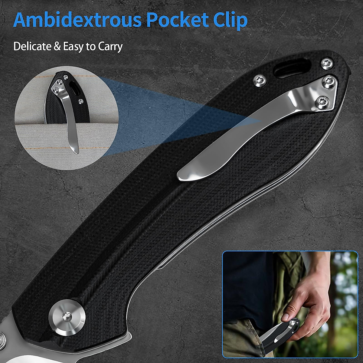 bunnyedge Pocket Folding Knife, D2 Steel Blade G10 Handle Small EDC Knife with Pocket Clip for Men Women, Sharp Hunting Camping Hunting Survival Hiking Knives, Black - YFA089