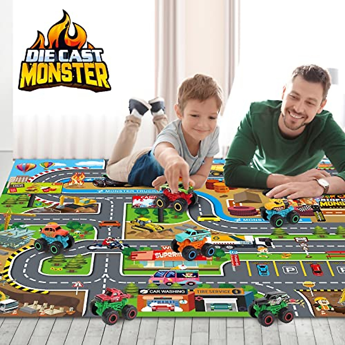 Oriate Monster Trucks Playset for Boys, Include 6 Pack Chaos Diecast Monster Toy Vehicle Truck w/ 47"x 31" Activity Play Mat, Kids Mini Car Set for Kids Gifts Style2