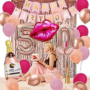 50th Birthday Decorations Women Rose Gold Hot Pink 50 and Fabulous Birthday Decor Cheers to 50 Years Rose Gold Happy Birthday Banner Curtain 50 Balloon Number Fifty Party Decor Lips Bottle Balloon