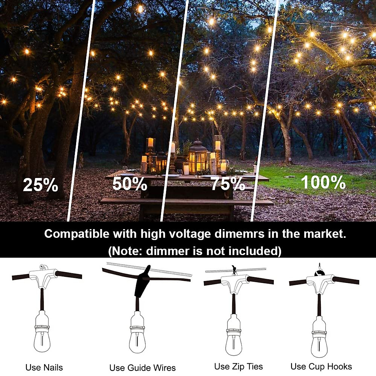 Outdoor String Lights LED 100FT Commercial Grade Heavy Duty with 30 Sockets 32 Shatterproof Include 2 Spare S14 Dimmable Plastic Edison Bulbs For Patio Market Cafe