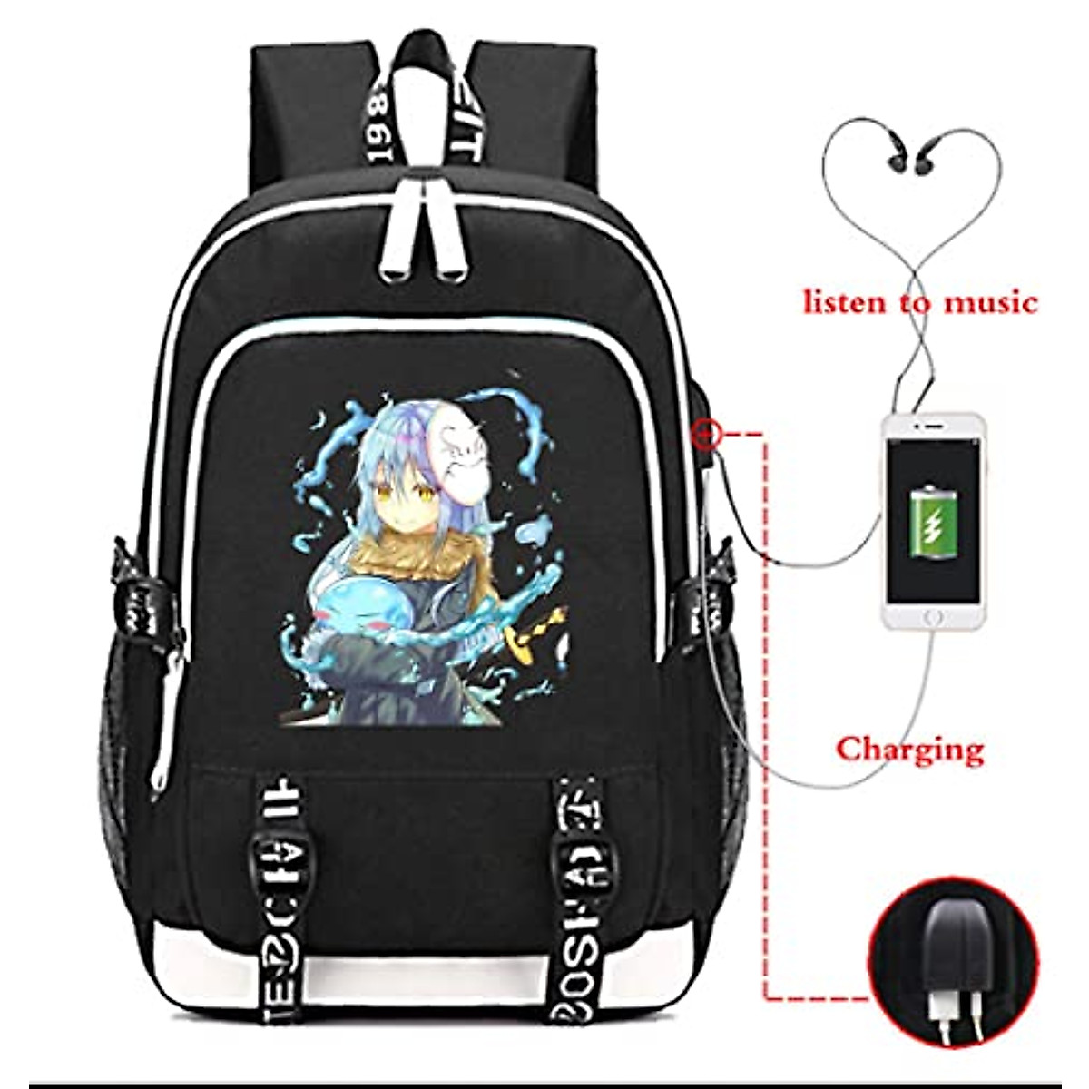 TIMMOR MAGIC Anime That Time I Got Reincarnated as a Slime Backpack with USB Charging Port, Schoolbags Bookbags.(Black1)