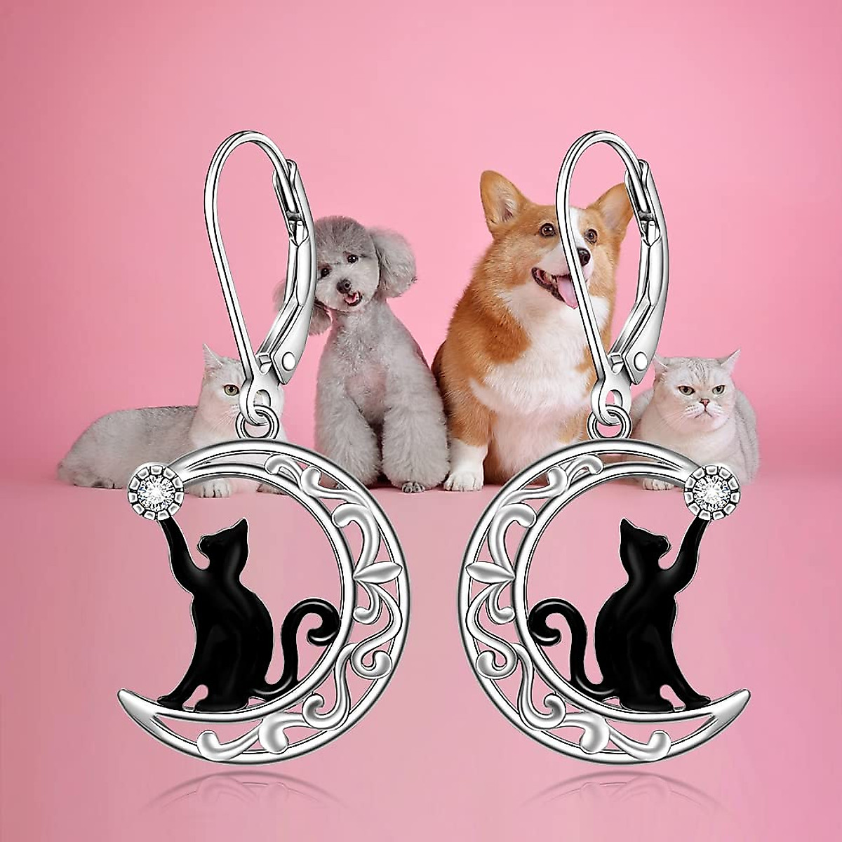 Black Cat Earrings For Women Sterling Silver 925 Kitty Cat Moon Earrings Dangle Jewelry Hypoallergenic Leverback Cute Valentines Christmas Gifts