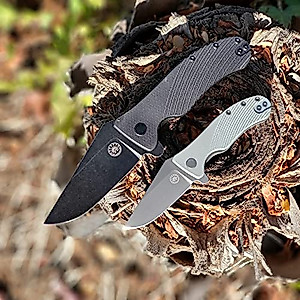 Off-Grid Knives - Baby Rhino - Legal Carry Heavy Duty Compact Folding Knife w. Sandvik 14C28N Blade Steel, Sky Gray G10 Scales, Deep Carry Left and Right Hand, Built Like A Tank