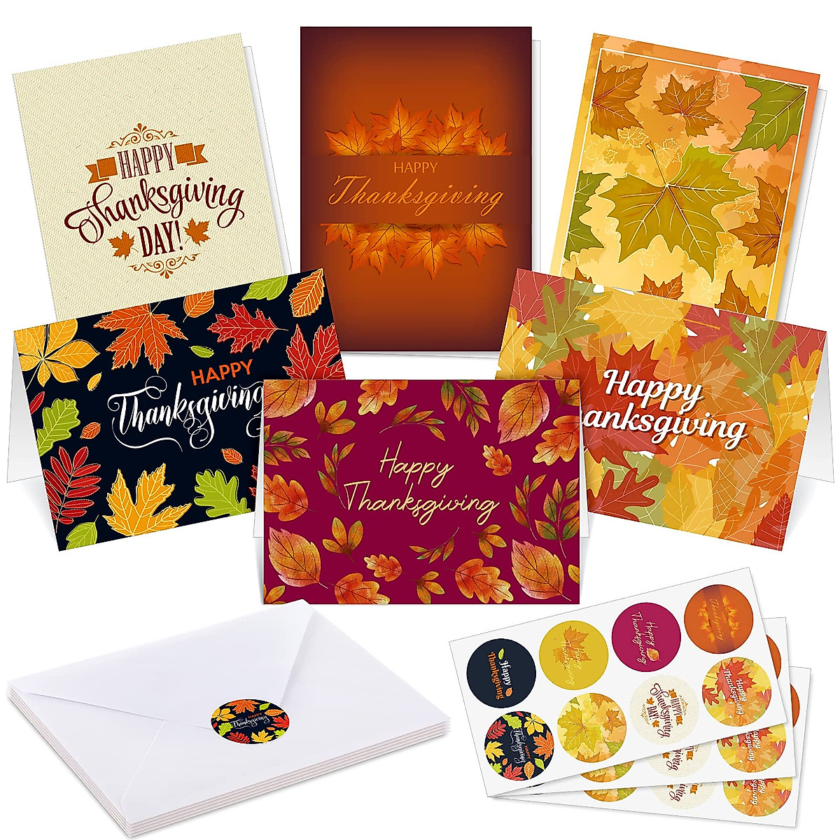 Whaline 24Pcs Thanksgiving Greeting Cards Assortment with Stickers and Envelopes 5" x 7" Large Happy Thanksgiving Cards Fall Leaves Patterned Thankful Grateful Note Cards for Party Favor Supplies