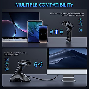 TEEMI Bluetooth QR Barcode Scanner with USB Cradle, Battery Replaceable Feature, Wireless Barcodes Reader Bar Code Scan Gun Handsfree Automatic Screen Scanning, Advanced Data Parsing