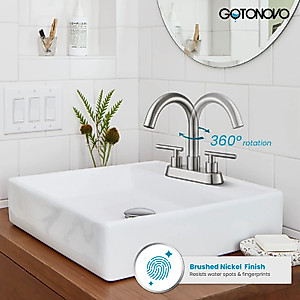 gotonovo 4 Inch Centerset Modern Bathroom Sink Faucet 2 Hole Brushed Nickel Swivel Spout 2-Handle Deck Mounted Lavatory Faucet with Water Supply Lines and Pop Up Drain