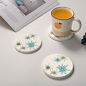 HUXJOKO Coasters for Drinks Set of 6,Mid Century Modern Design Absorbent Ceramic Coaster,Round Stone Mat,with Cork Base and Metal Holder for Coffee Table Room Bar Home Decor Housewarming Gifts
