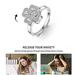 HMOOY Four Leaf Clover Rotating Ring,Lucky Leaf Engagement Open Ring Fashion Silver Anti Anxiety Ring for Women Fidget Rings for Relieving Stress Band Ring (Silver)