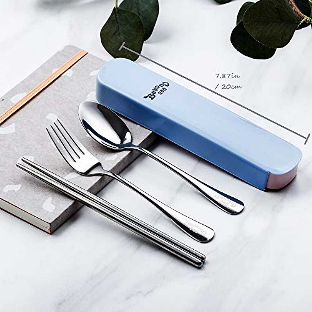 Beyond 280 Stainless Steel Flatware Set for School, Travel and Outdoor, Portable 3 Piece Set Reusable Chopsticks, Fork, Spoon (Blue Case)