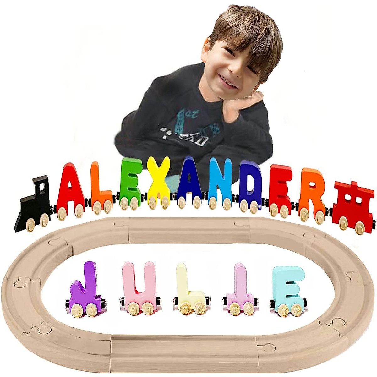 Large Handmade Name Wooden Trains Alphabet Puzzle Name Letters Educational Toys for Kids