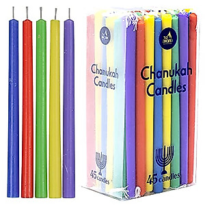 Colorful Long Chanukah Candles - Standard Size Diameter Fits Most Menorahs - Premium Quality Wax - Assorted Colors - 45 Count For All 8 Nights of Hanukkah - by Ner Mitzvah