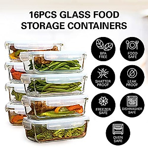 Glass Food Storage Containers with Lids 30 Oz 16 Pc (Set of 8) Airtight Large Glass Containers, Glass Meal Prep Containers Reusable Leak Proof BPA Free Glass Food Prep Containers Freezer to Oven Safe