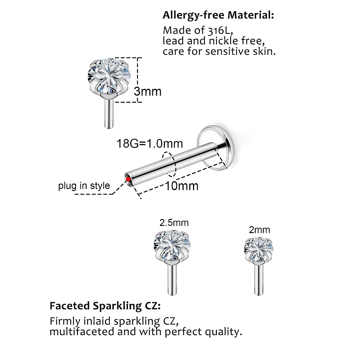 Xwnskvvz 18G Threadless Push in Nose Rings Studs Medusa Piercing Jewelry Stainless Steel Labret Jewelry Monroe Lip Rings Studs 2/2.5/3MM Crystal Top Tragus Forward Helix Cartilage Earring 10mm
